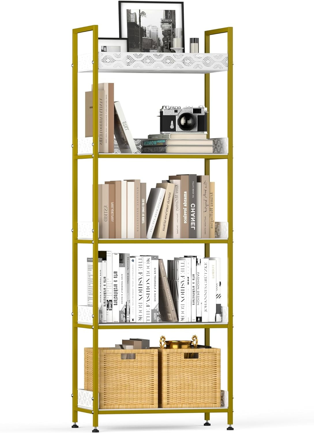 5 Tier Gold Bookshelves, Metal Industrial Kitchen Bookshelf Storage ...