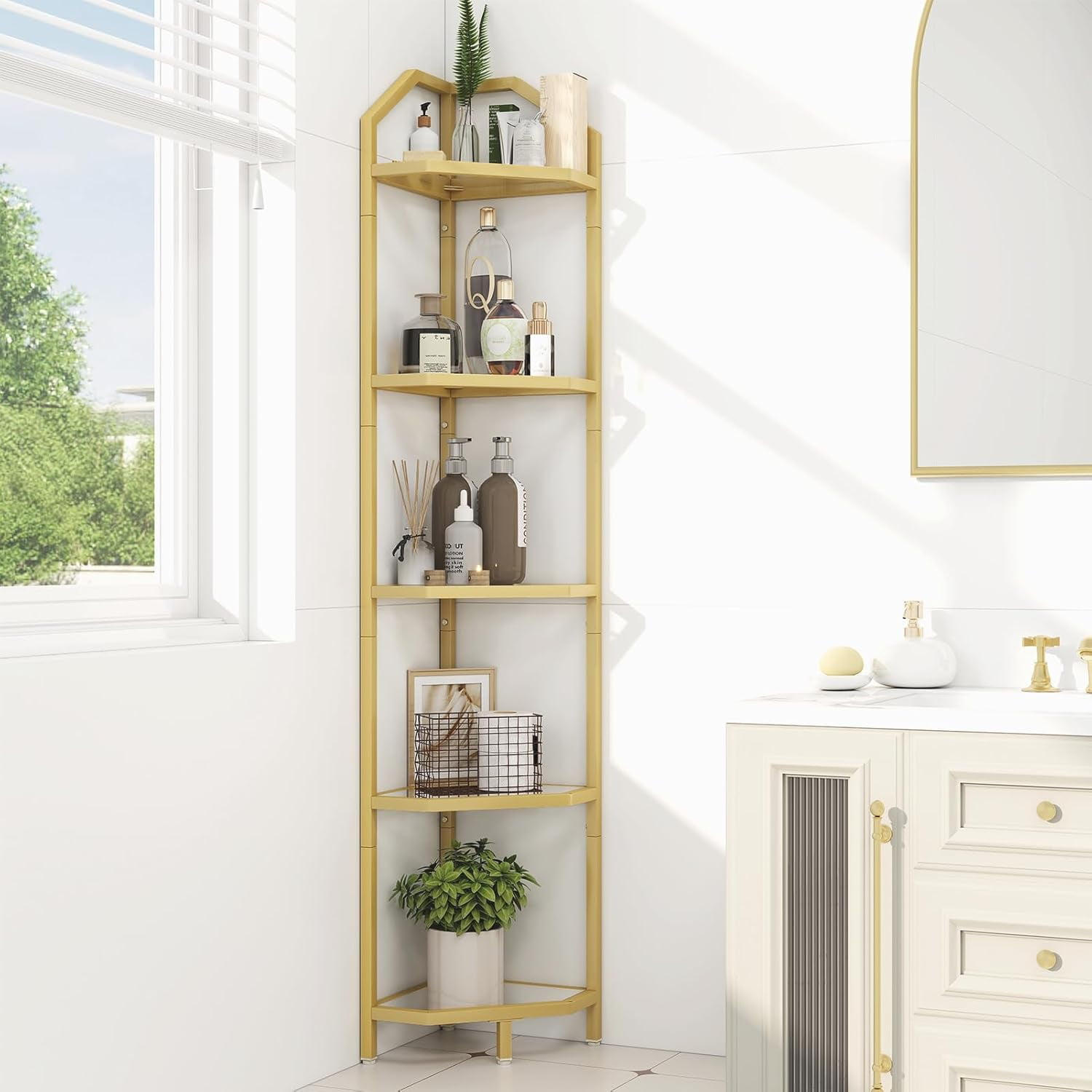 5 Tier Gold Corner Wall Shelf Stand, 66" Metal Corner Shelves Bookshelf ...
