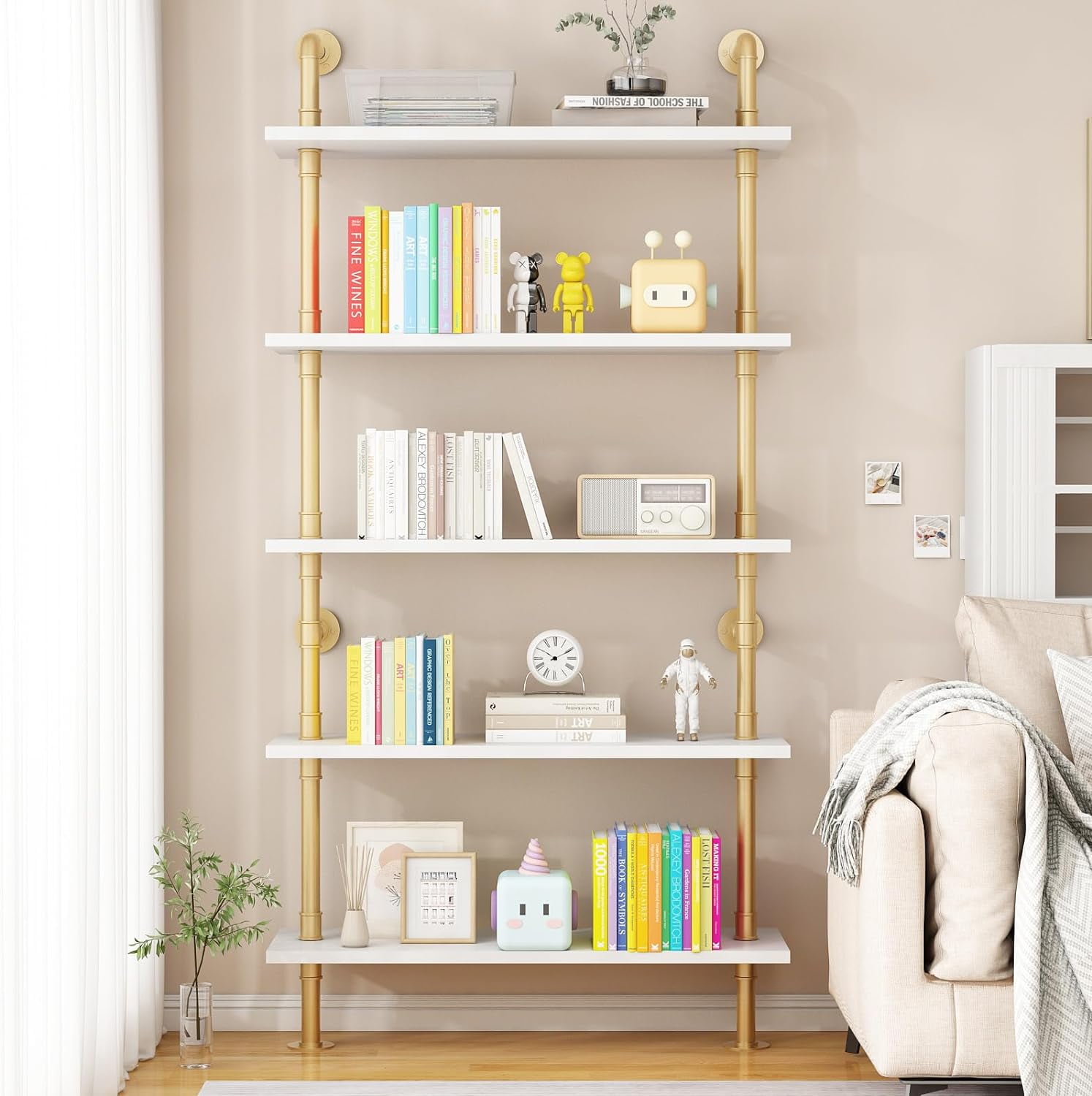 5-Tier Gold Ladder Shelf, Wall Mounted Bookshelf Rack, Industrial ...