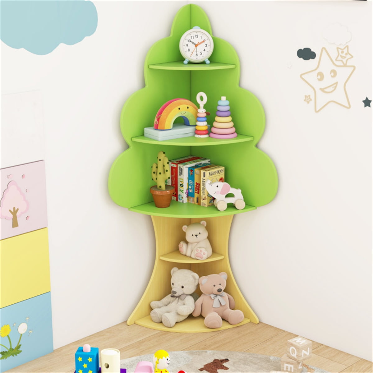5-Tier Green MDF Bookshelf - 19"x19"x52" Corner Design for Playrooms ...