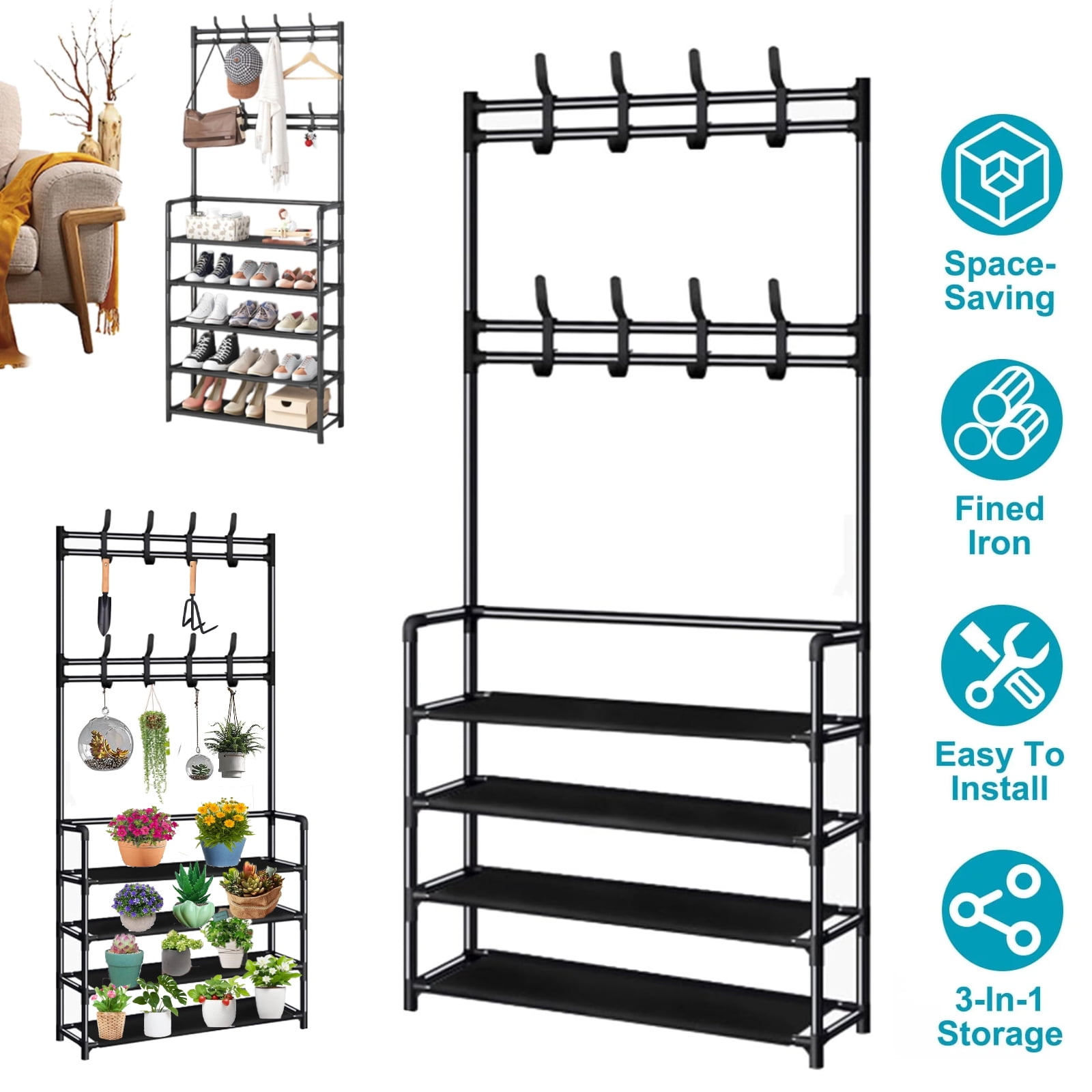 5-Tier Hall Tree with Shoe Storage,Coat,Shoe Rack and Plant Stand,8 ...
