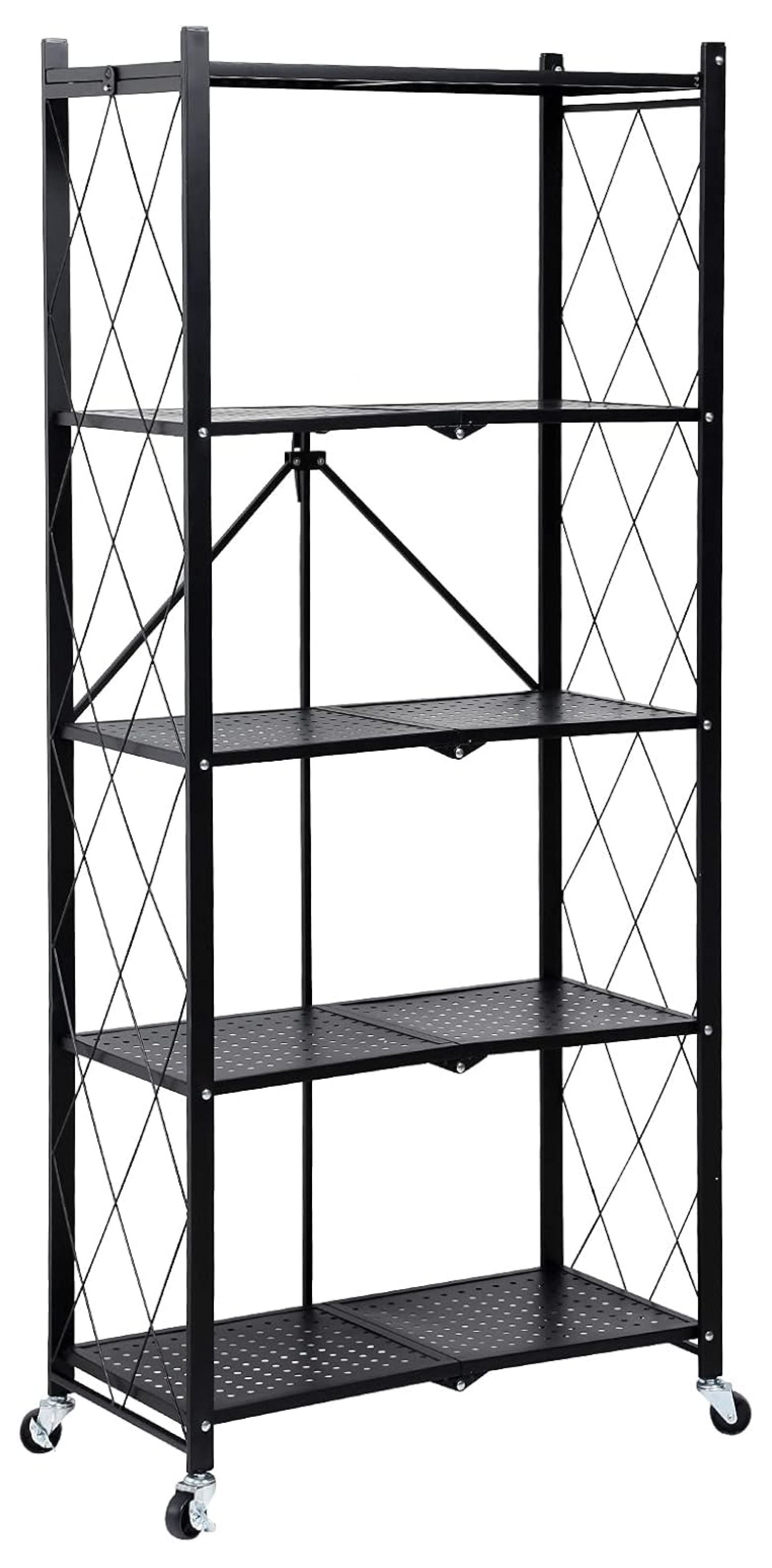 5-Tier Heavy Duty Foldable Metal Rack Storage Shelving Unit with Wheels ...