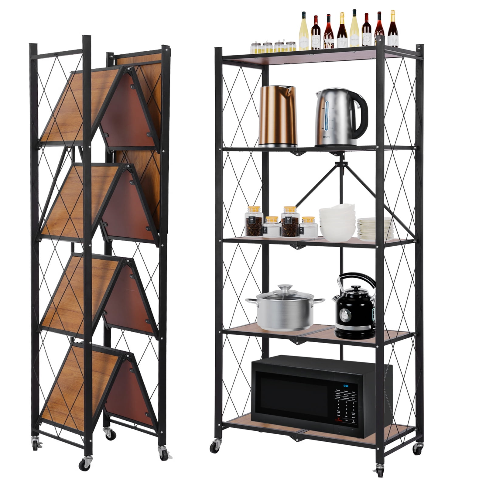5-Tier Heavy Duty Foldable Metal Rack with Wheels Wooden Shelving Unit ...