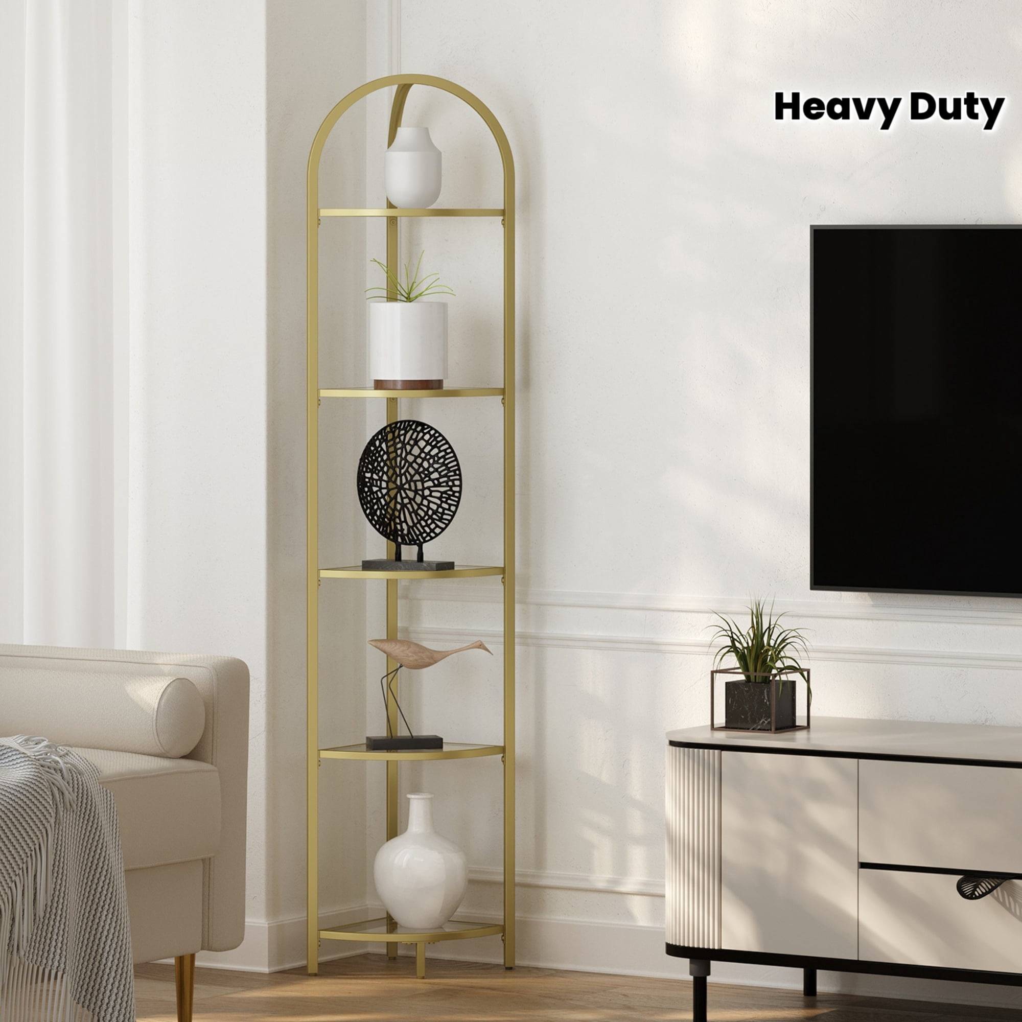 5-Tier Heavy-Duty Iron Corner Shelf Stand with Glass Shelves ...
