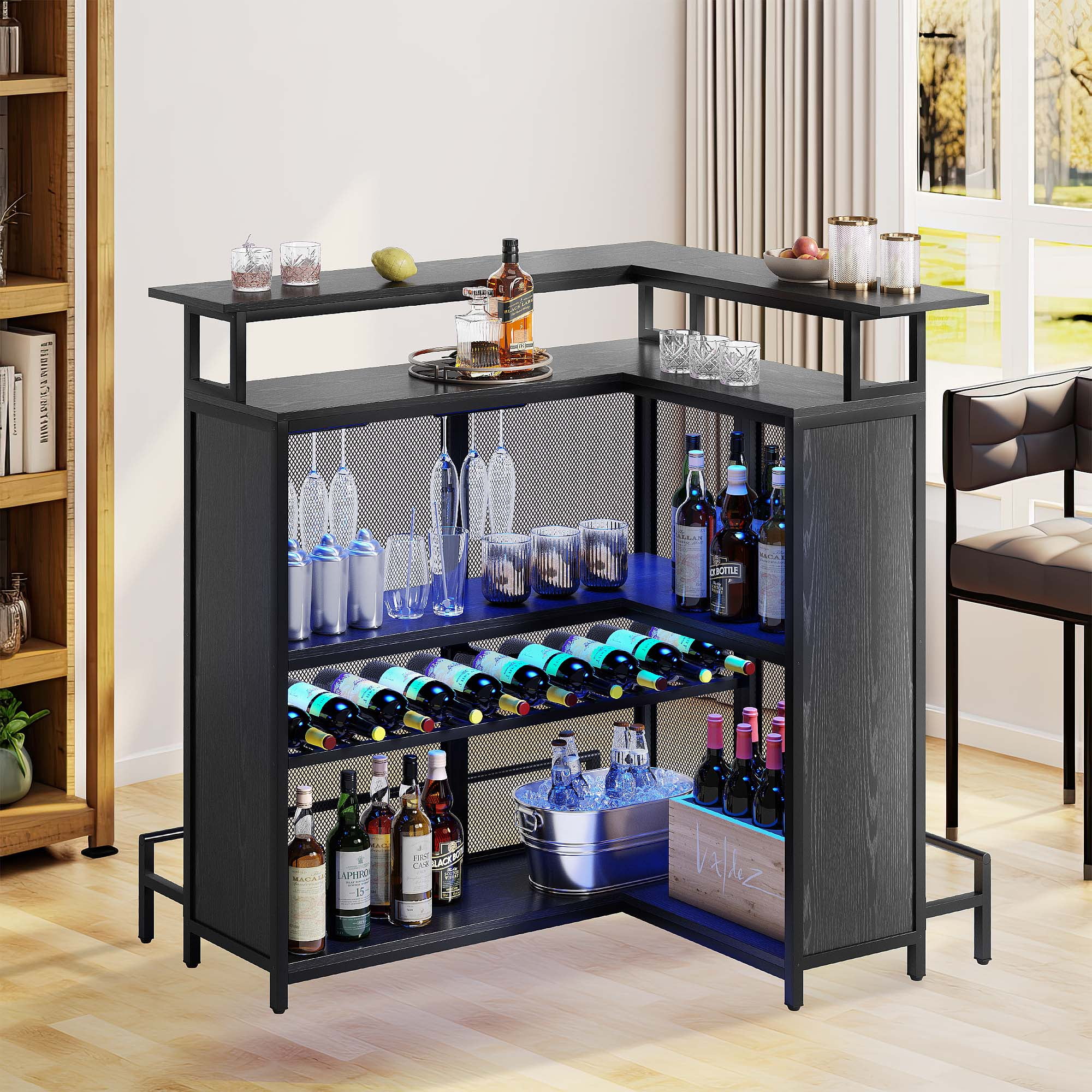 5 Tier Home Bar Unit, 43" Wine Cabinet with Adjustable RGB LED Color ...
