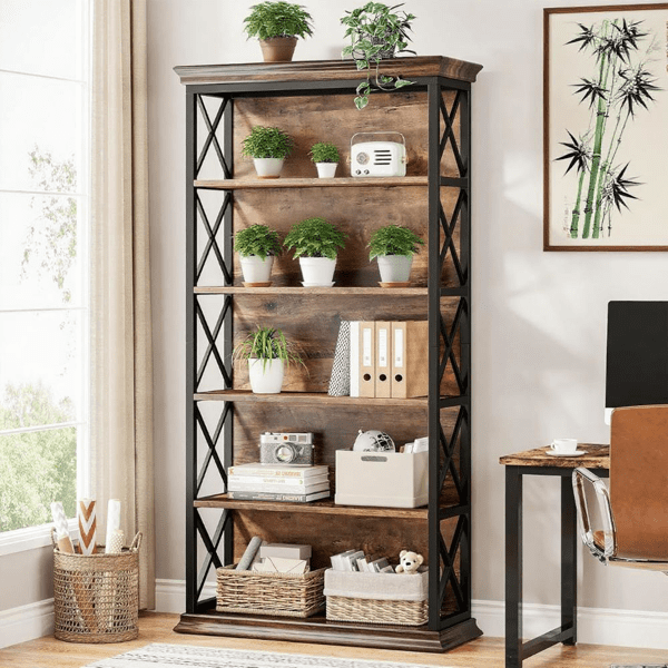 5-Tier Industrial Art Bookcase, X-Pattern Sides, E0 Panels & Black ...
