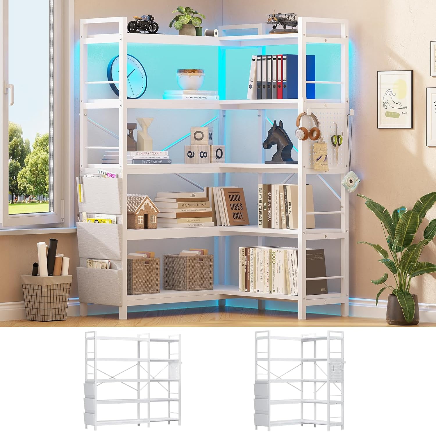 5-Tier Industrial Bookcase with Storage Bag and Pegboard, Corner ...