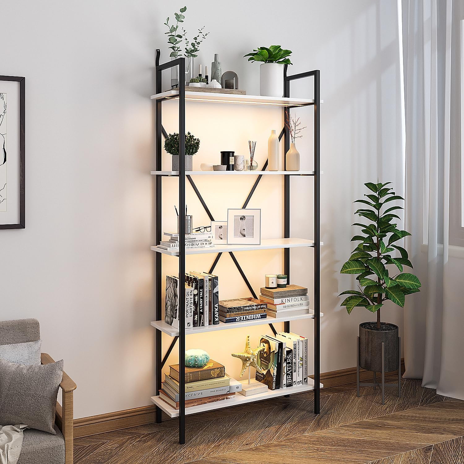 5 Tier Industrial Bookshelf with 3 LED Lights Tall Bookshelf Large ...