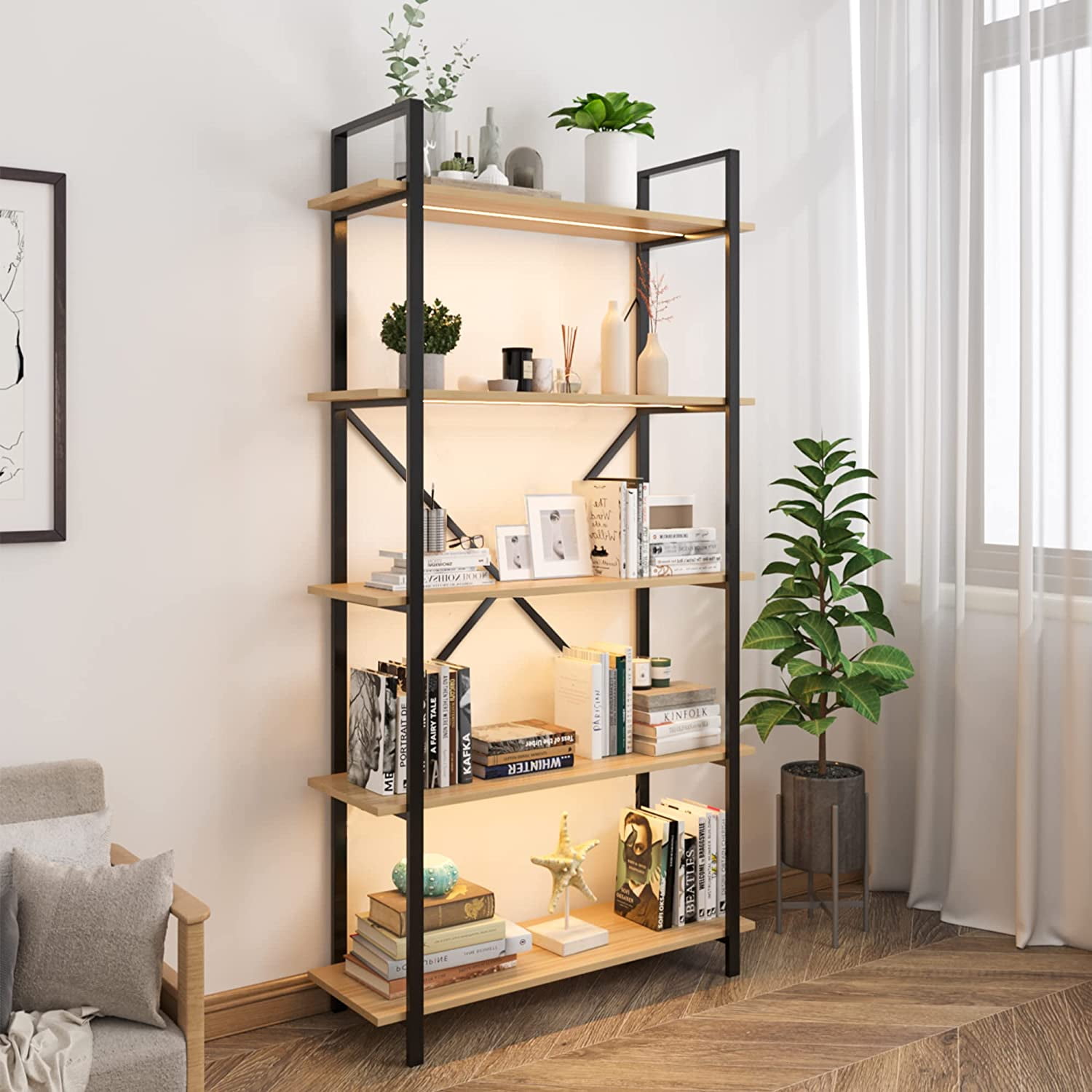 5 Tier Industrial Bookshelf with 3 LED Lights Tall Bookshelf Large ...