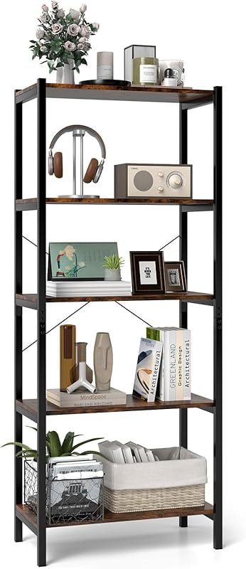 5-Tier Industrial Bookshelf, 63.5" Tall Open Storage Organizer Shelves ...