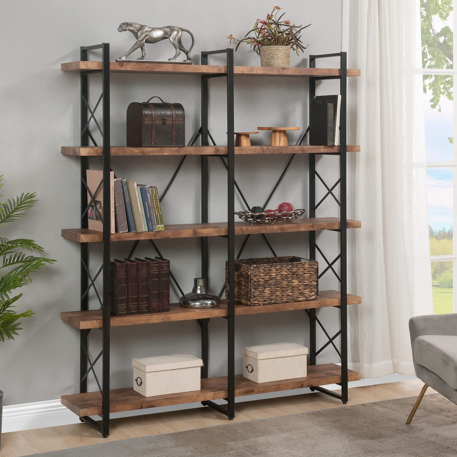 5 Tier Industrial Bookshelf, Double Wide Wood Bookshelf with Metal ...