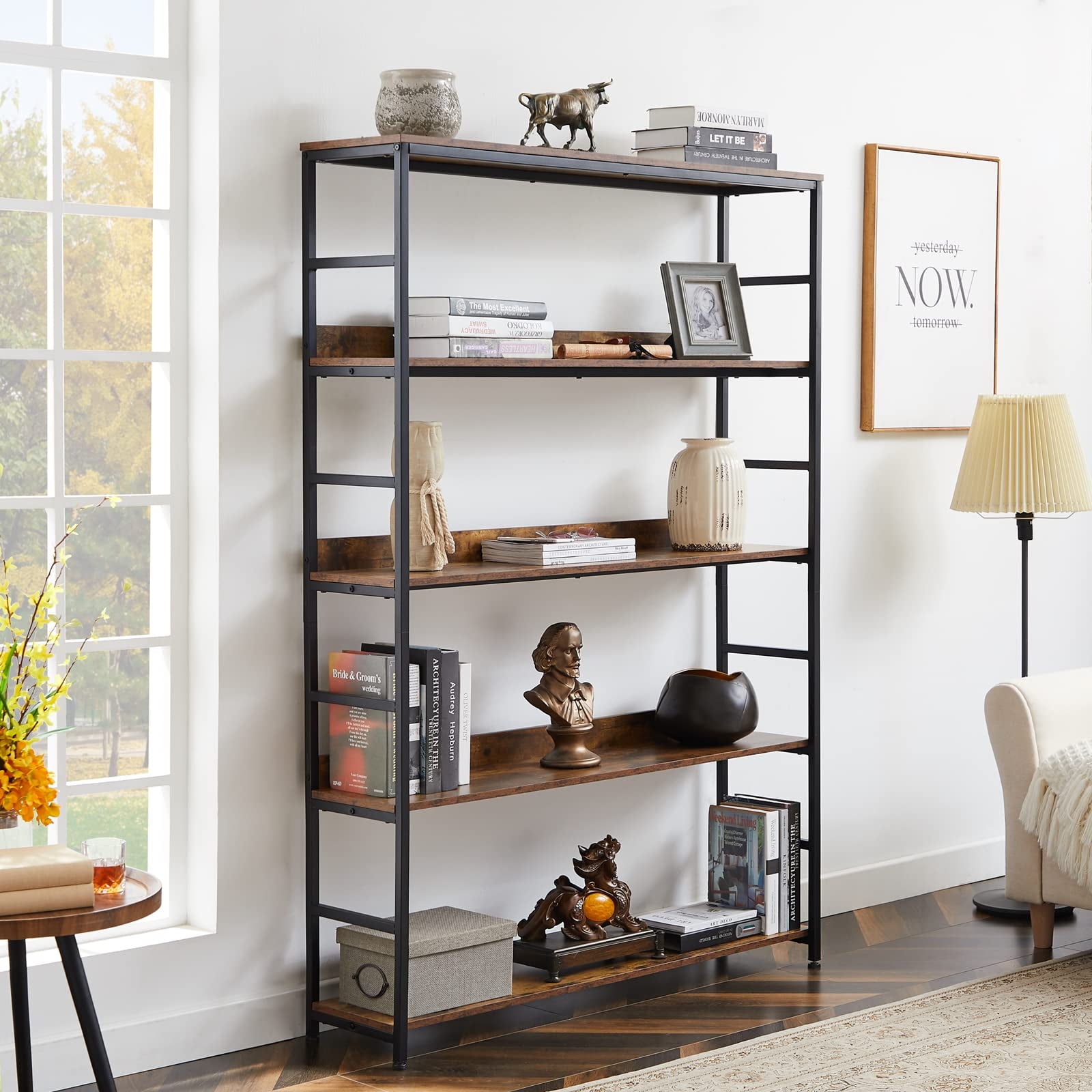 5 Tier Industrial Bookshelf, Modern Wood and Metal Bookshelf, Etagere ...