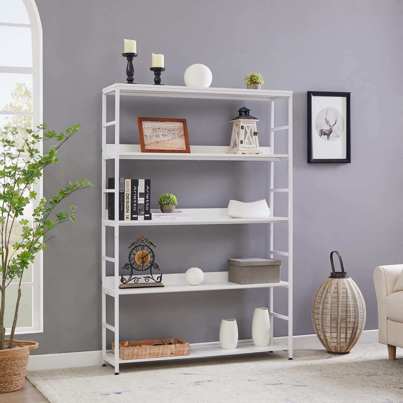 5 Tier Industrial Bookshelf, Modern Wood and Metal Bookshelf, Etagere ...