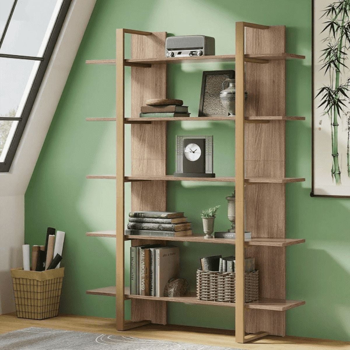 5-Tier Industrial Bookshelf, Retro Brown Engineered Wood & Metal Frame ...