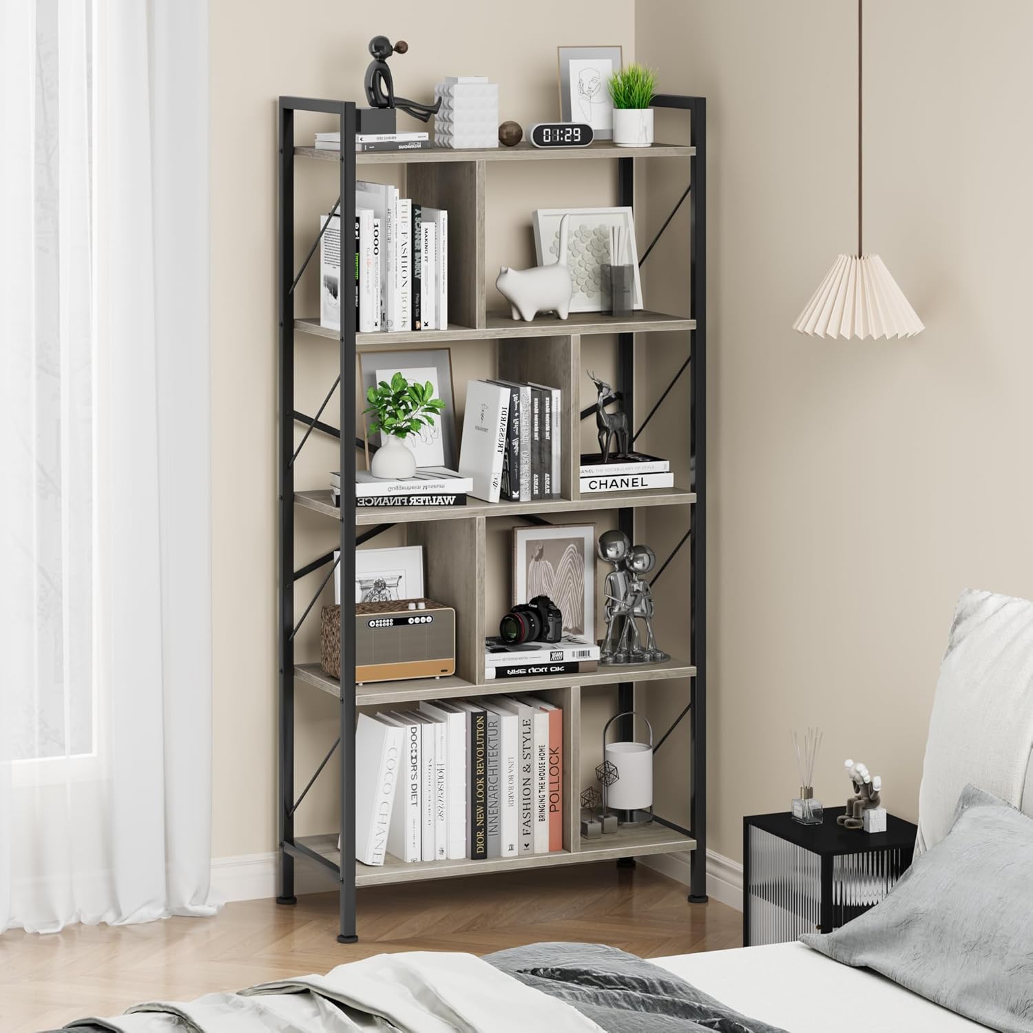 5-Tier Industrial Bookshelf with Storage, 61" Tall Bookcase, Rustic ...