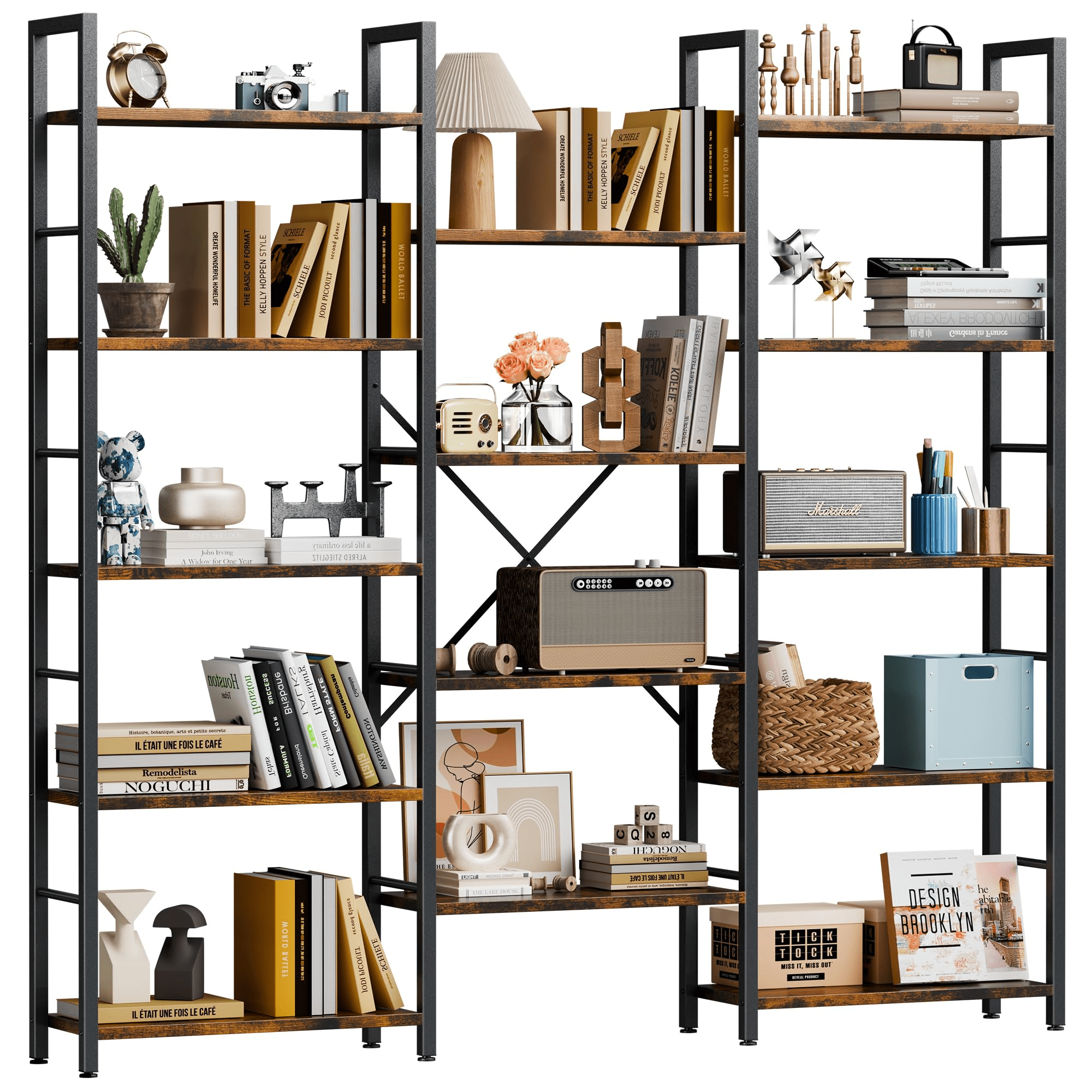 5-Tier Industrial Bookshelf with 14 Open Shelves - Rustic Brown Wide ...