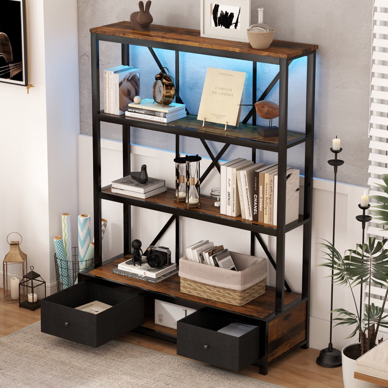 5 Tier Industrial Bookshelf with 2 Non-Woven Drawers, Metal and MDF ...