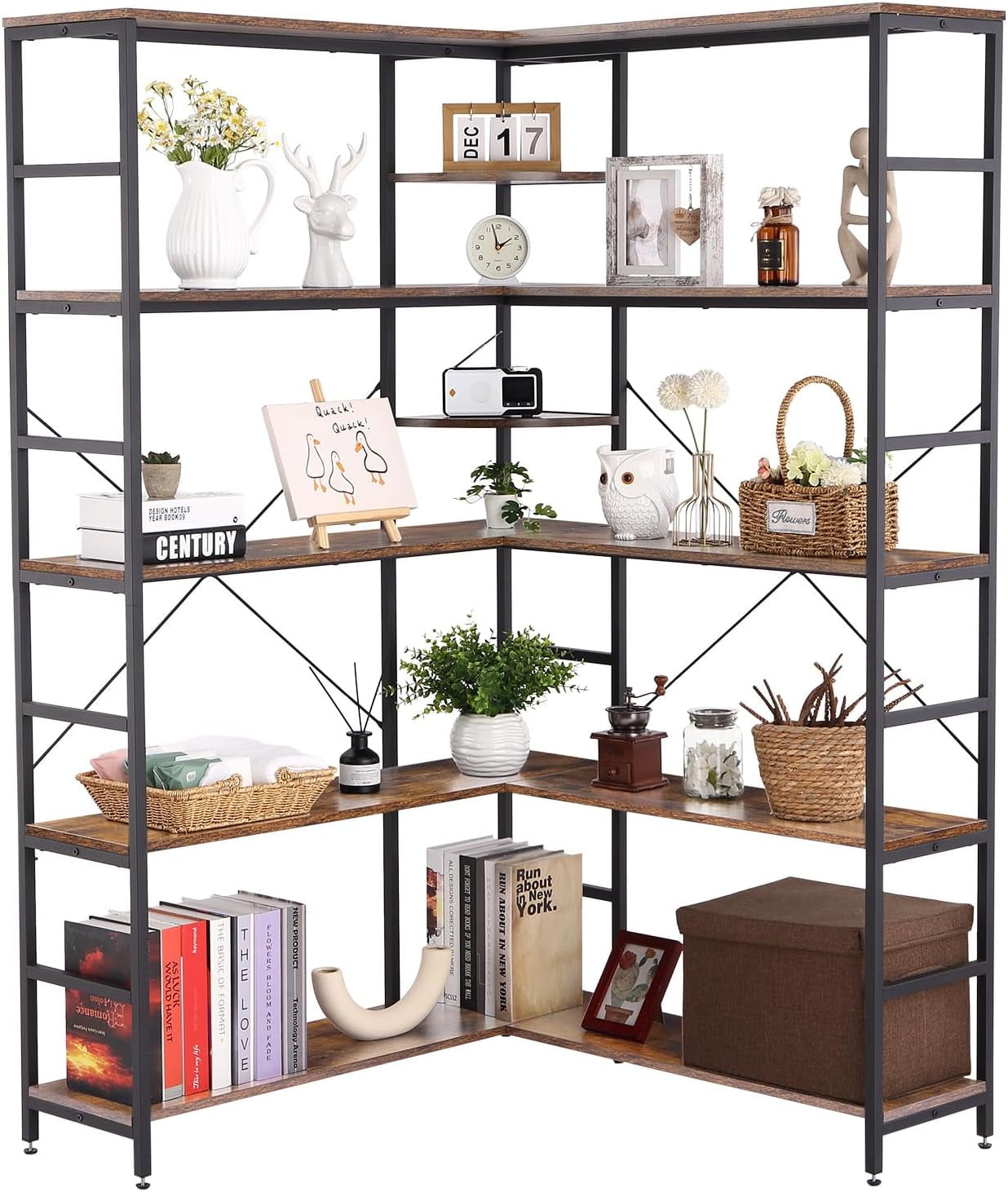 5-Tier Industrial Corner Bookshelf, 69.49”Tall L-Shape Corner Bookcase ...