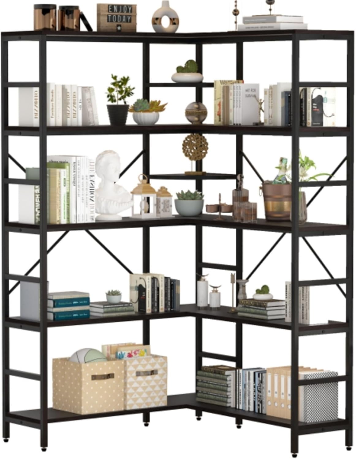 5-Tier Industrial Corner Bookshelf, 69.49”Tall L-Shape Corner Bookcase ...