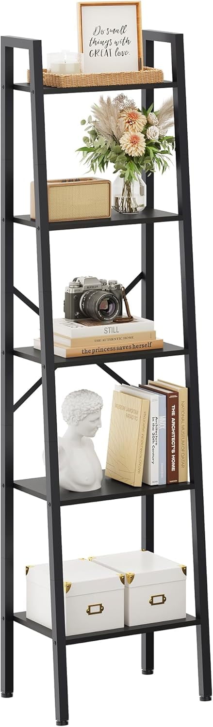 5-Tier Industrial Ladder Bookshelf Narrow Ladder Shelf Tall Standing ...