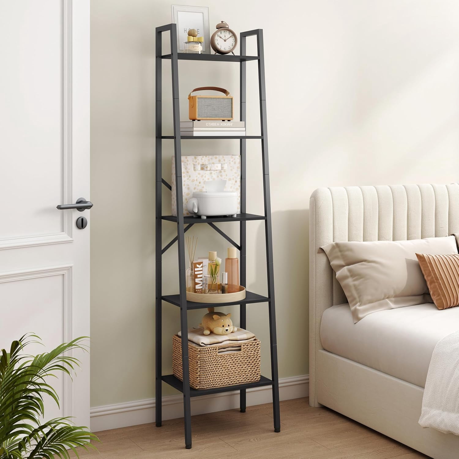 5-Tier Industrial Ladder Bookshelf, Narrow Ladder Shelf, Tall Standing ...