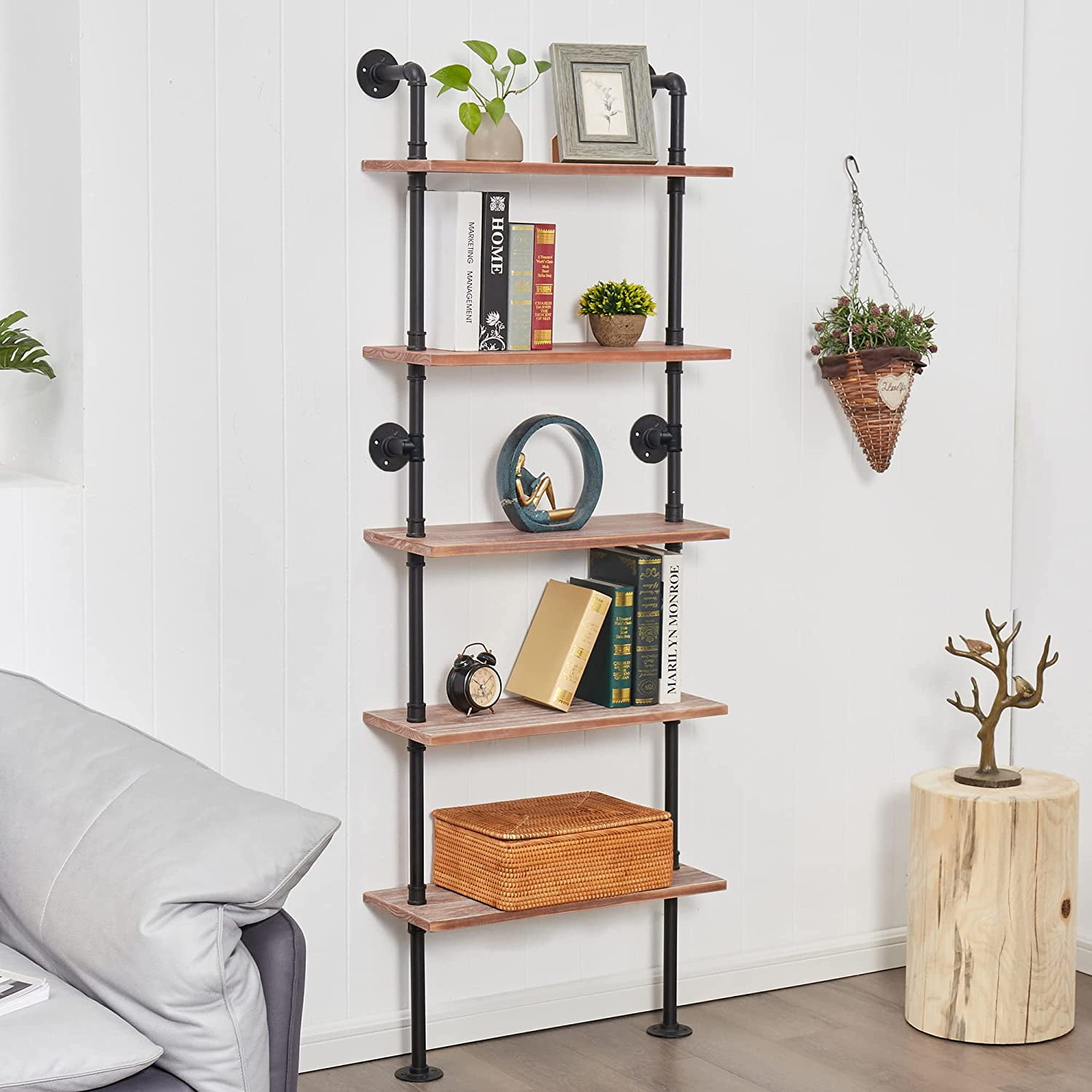 5 Tier Industrial Ladder Bookshelf, Wall Mounted Wood Metal Rustic Pipe ...
