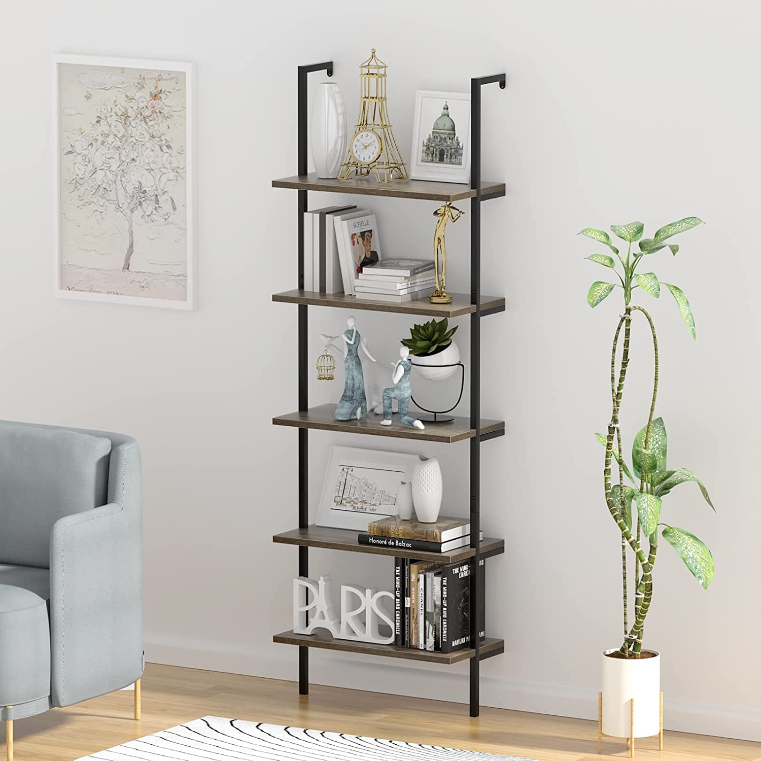 5-Tier Industrial Ladder Shelf Rustic Wall Mounted Metal Frame ...