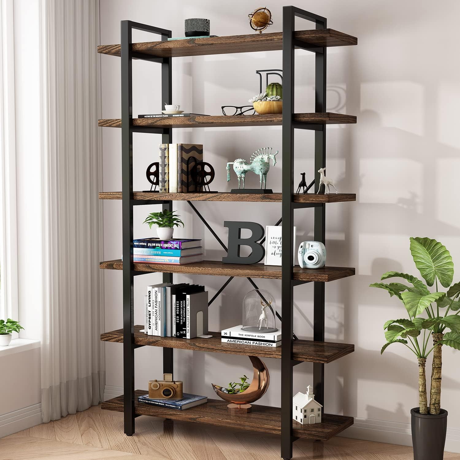 5-Tier Industrial Style Solid Wood Bookcase and Book Shelves Rustic ...