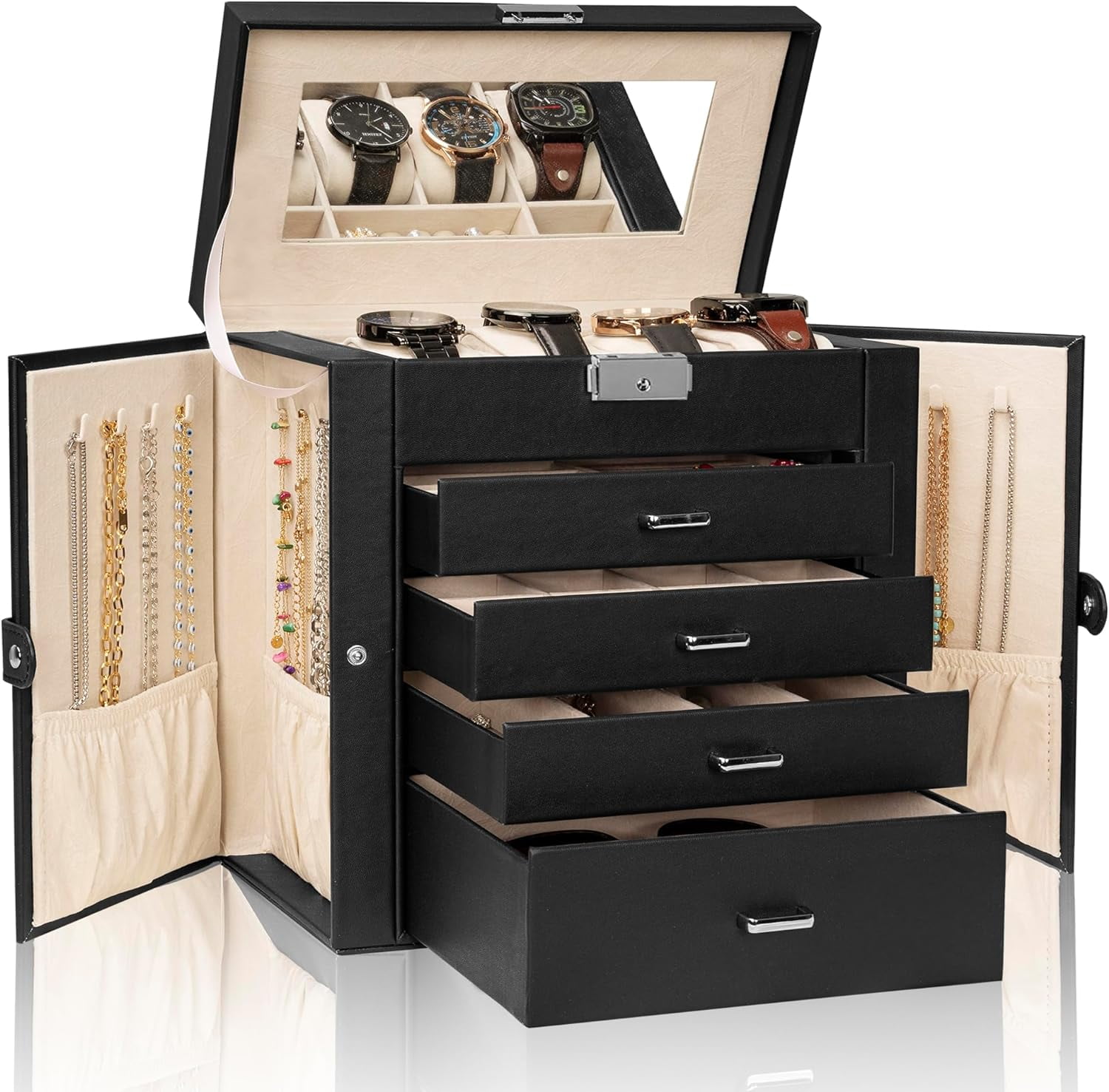 5-Tier Jewelry Box Lockable Leather Jewelry Storage Case with 4 Drawers ...