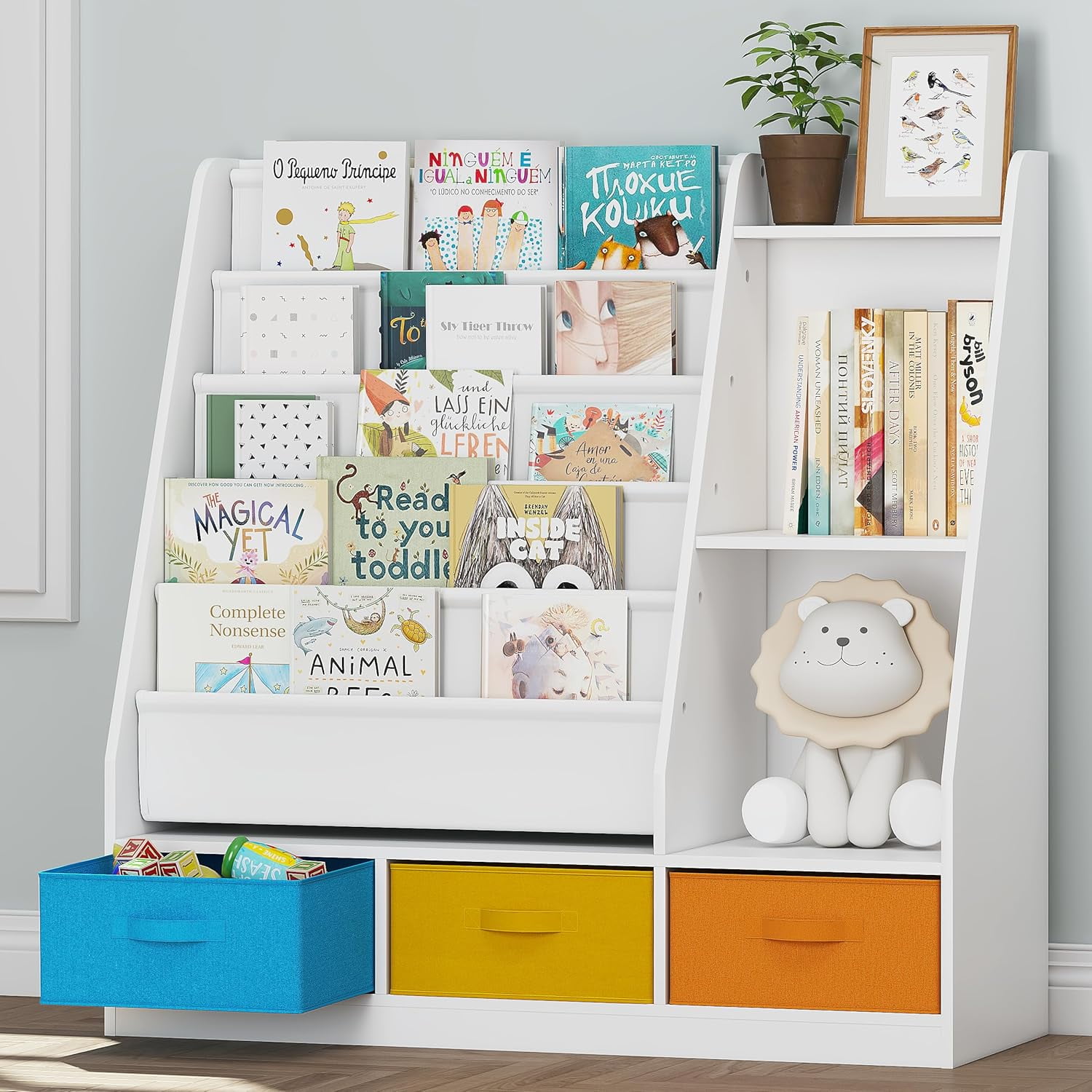 5-Tier Kids Sling Bookshelf with Storage Bins, Wood Children Bookcase ...