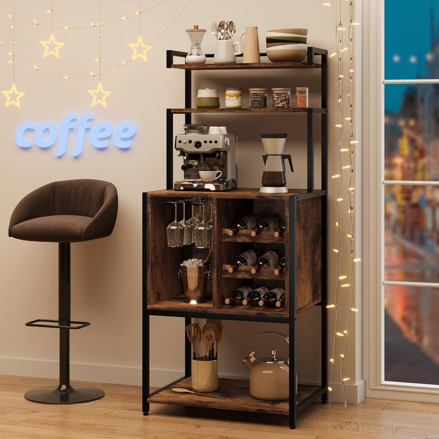 5-Tier Kitchen Bakers Rack With Wine Storage, Industrial Standing Baker ...