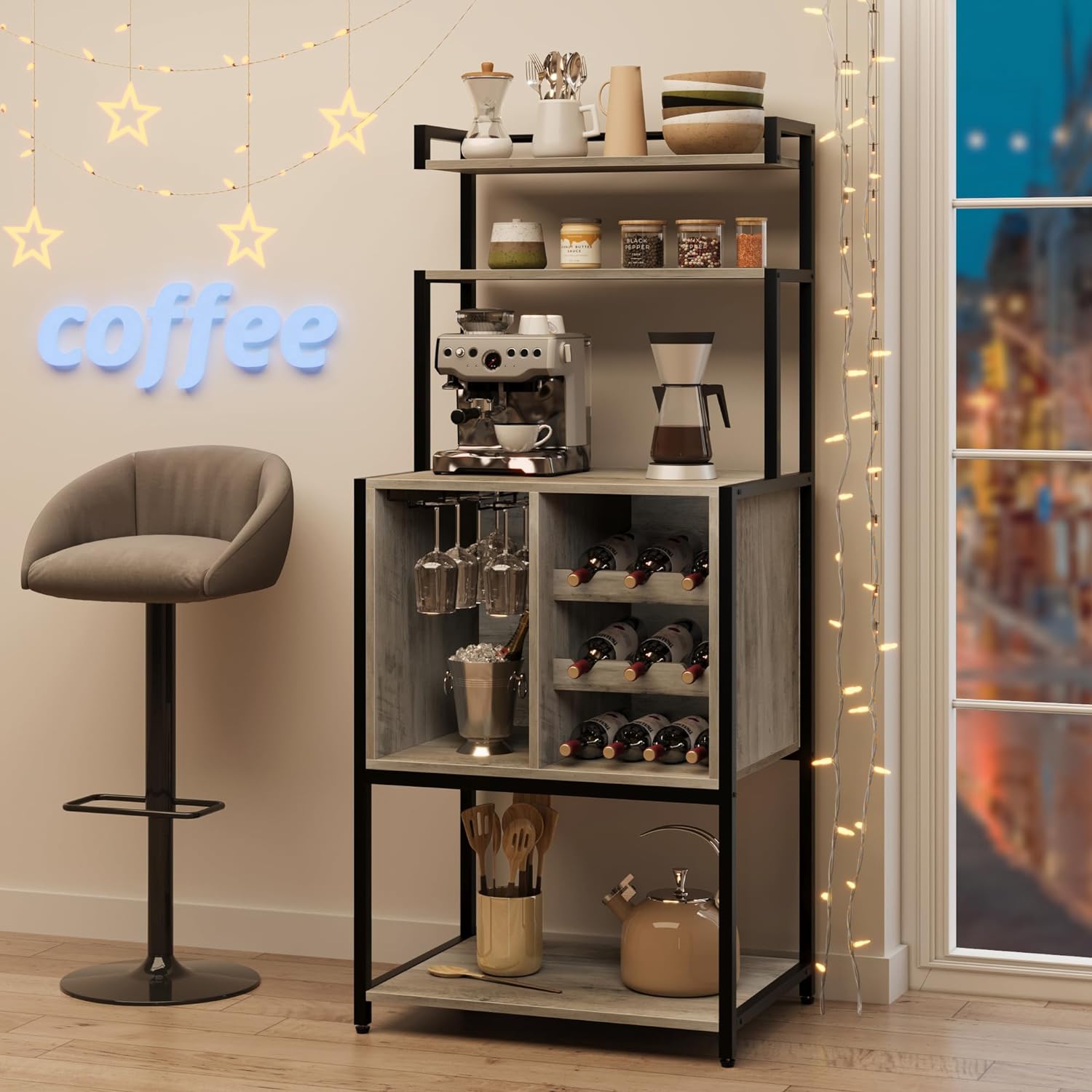 5-Tier Kitchen Bakers Rack With Wine Storage, Industrial Standing Baker ...