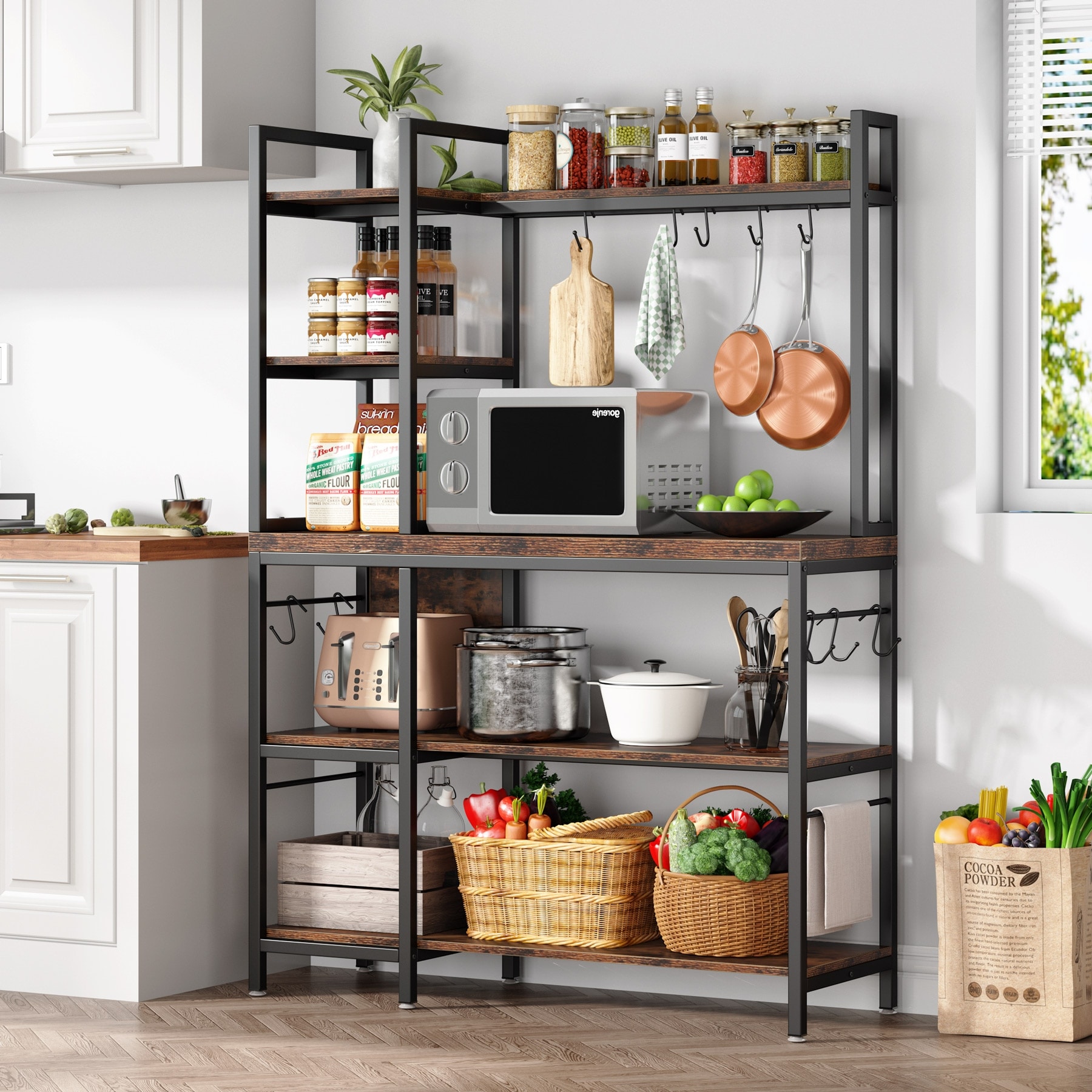 5-Tier Kitchen Bakers Rack with Storage Hutch for Kitchen, Microwave ...