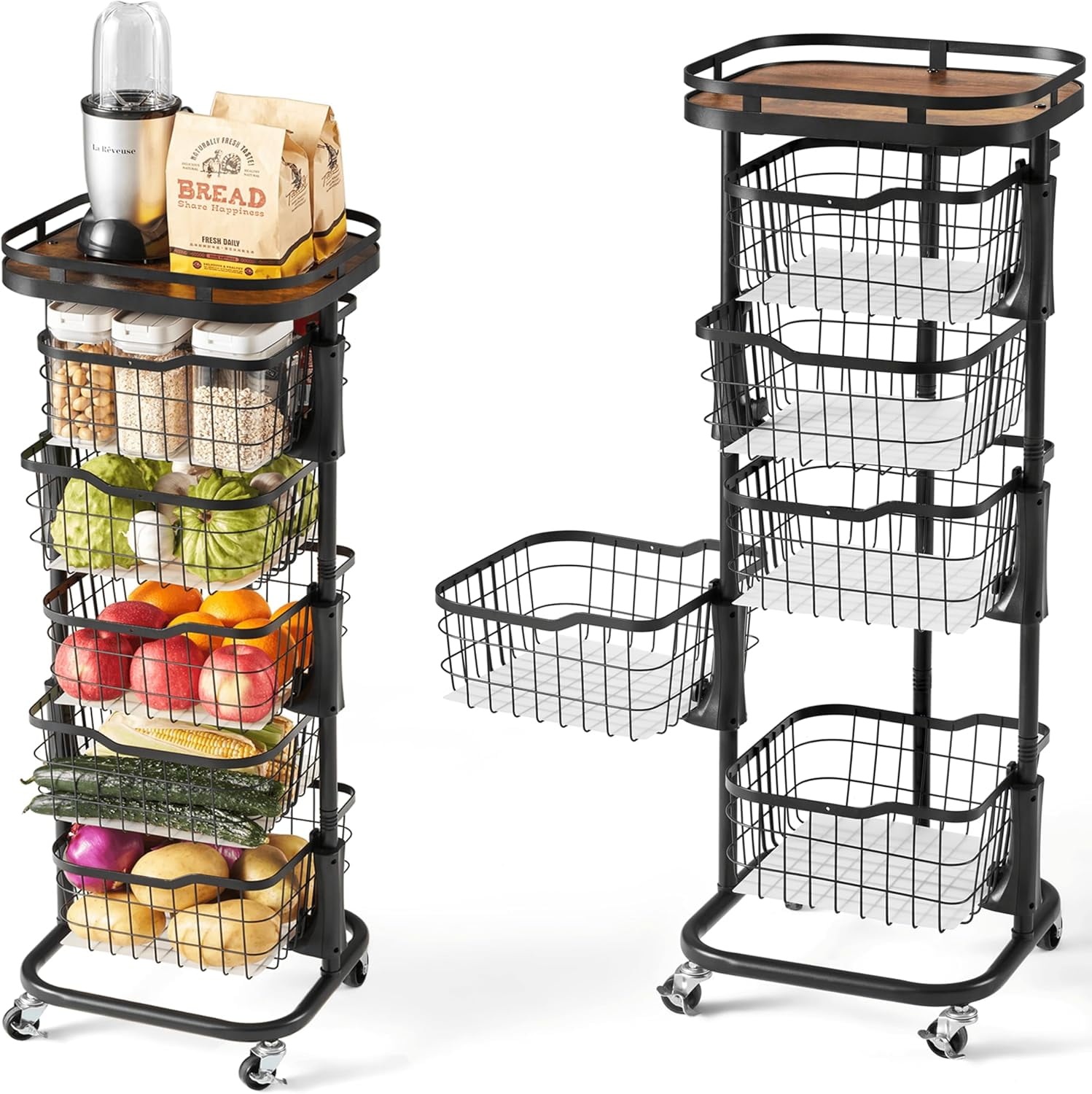 5 Tier Kitchen Fruit Vegetable Storage Cart with One-Piece Rotating ...