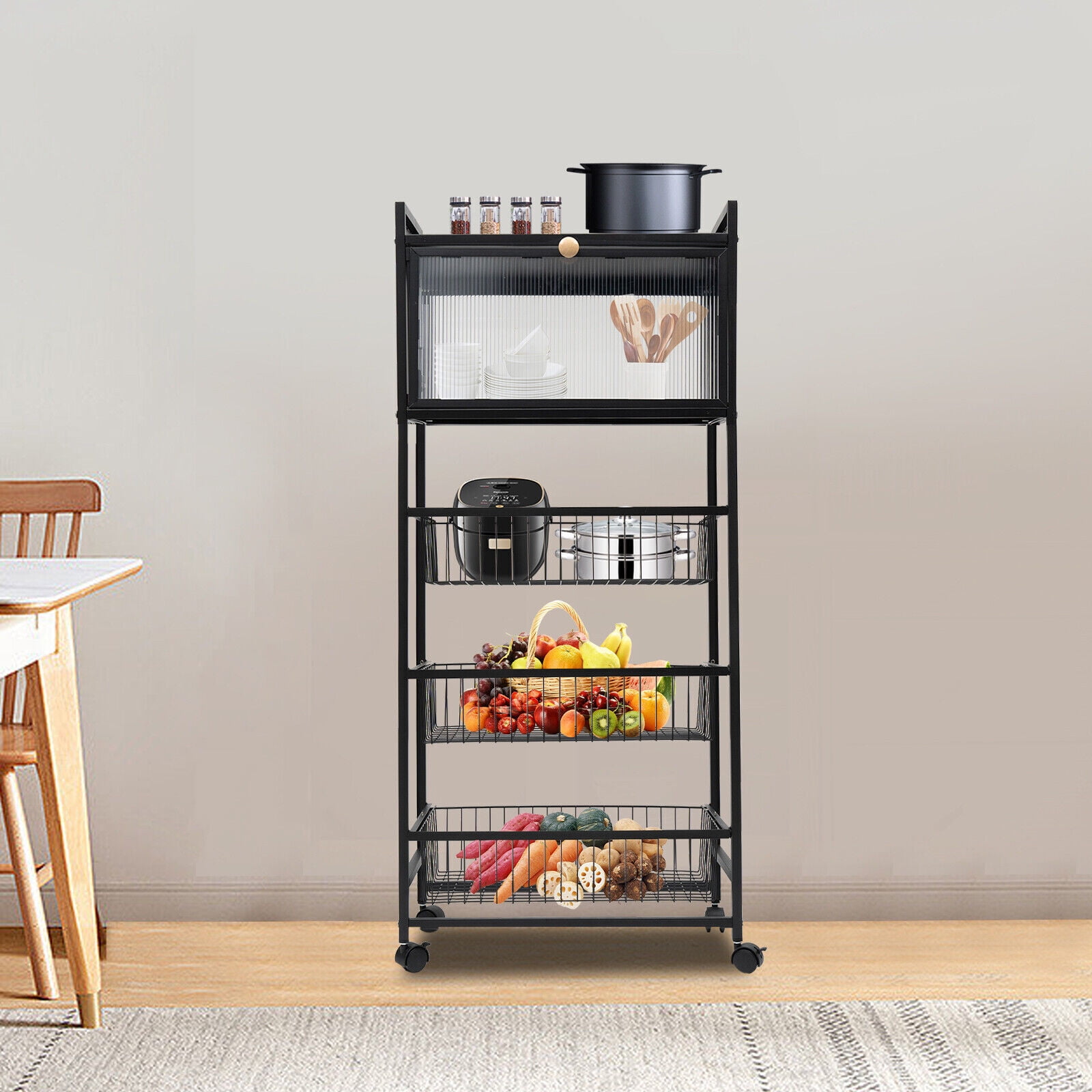 5 Tier Kitchen Organizer Shelf with Brakeable Casters for Dishes Wine ...