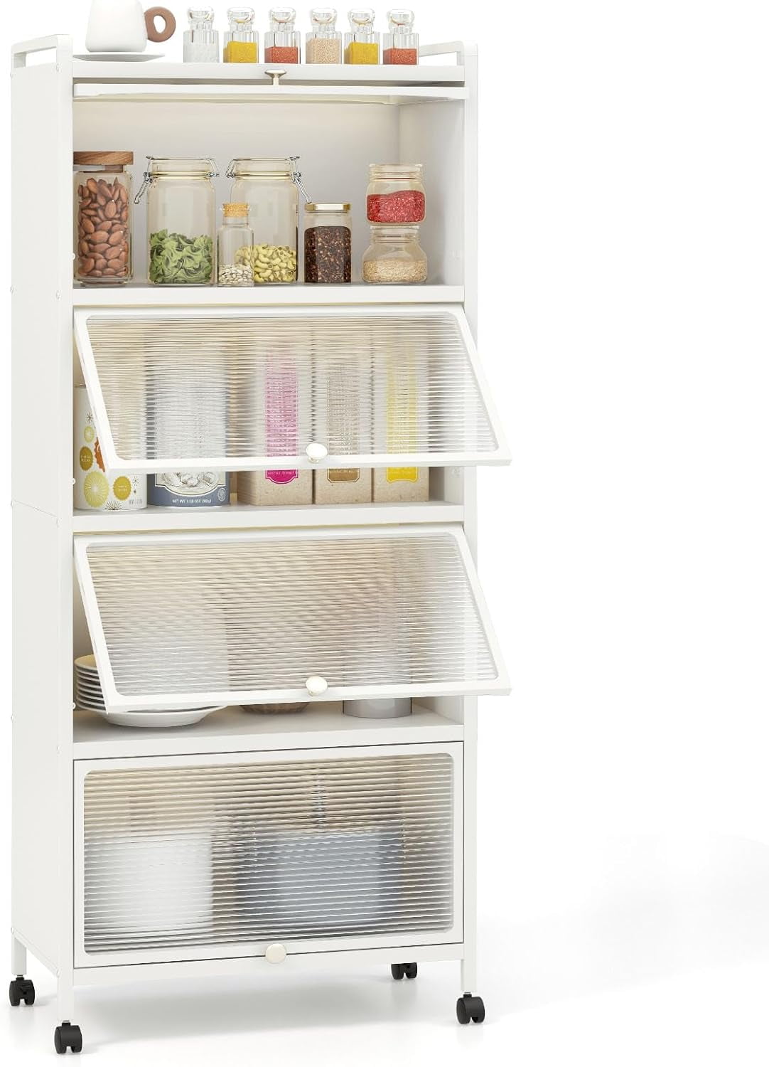 5-Tier Kitchen Storage Cabinet,Freestanding Baker’s Rack with 4 Rolling ...