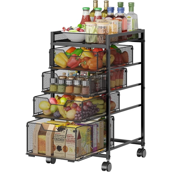 5-Tier Kitchen Storage Cart with Top Basket & Drawers, Fruit and ...