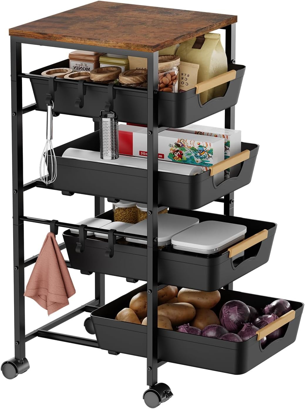5-Tier Kitchen Storage Cart, Wood Top Rolling Cart Organizer with Pull ...