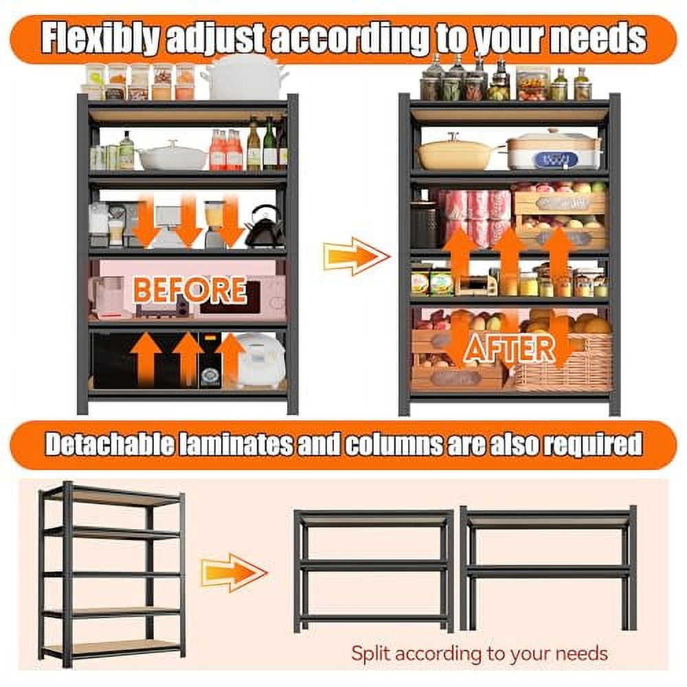 5-Tier Kitchen Storage Shelves, Metal and Wood Combination Shelf, Boltless Assembly, Adjustable ...