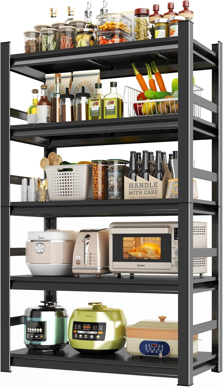 5-Tier Kitchen Storage Shelves, Metal and Wood Combination Shelf ...