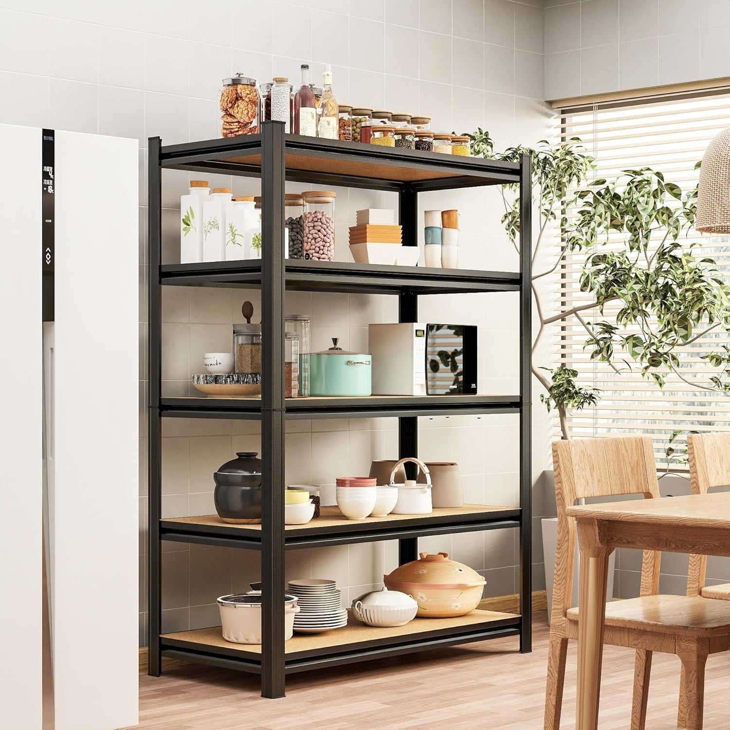 5-Tier Kitchen Storage Shelves, Metal and Wood Combination Shelf, Boltless Assembly, Adjustable ...