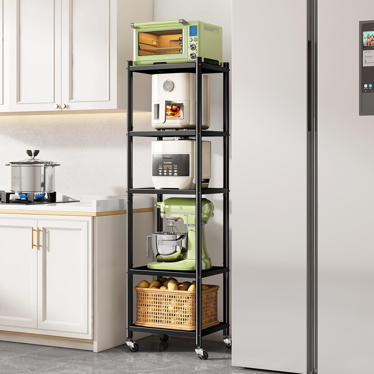 5 Tier Kitchen Storage Shelves with Wheels, Heavy Duty Metal Shelves ...