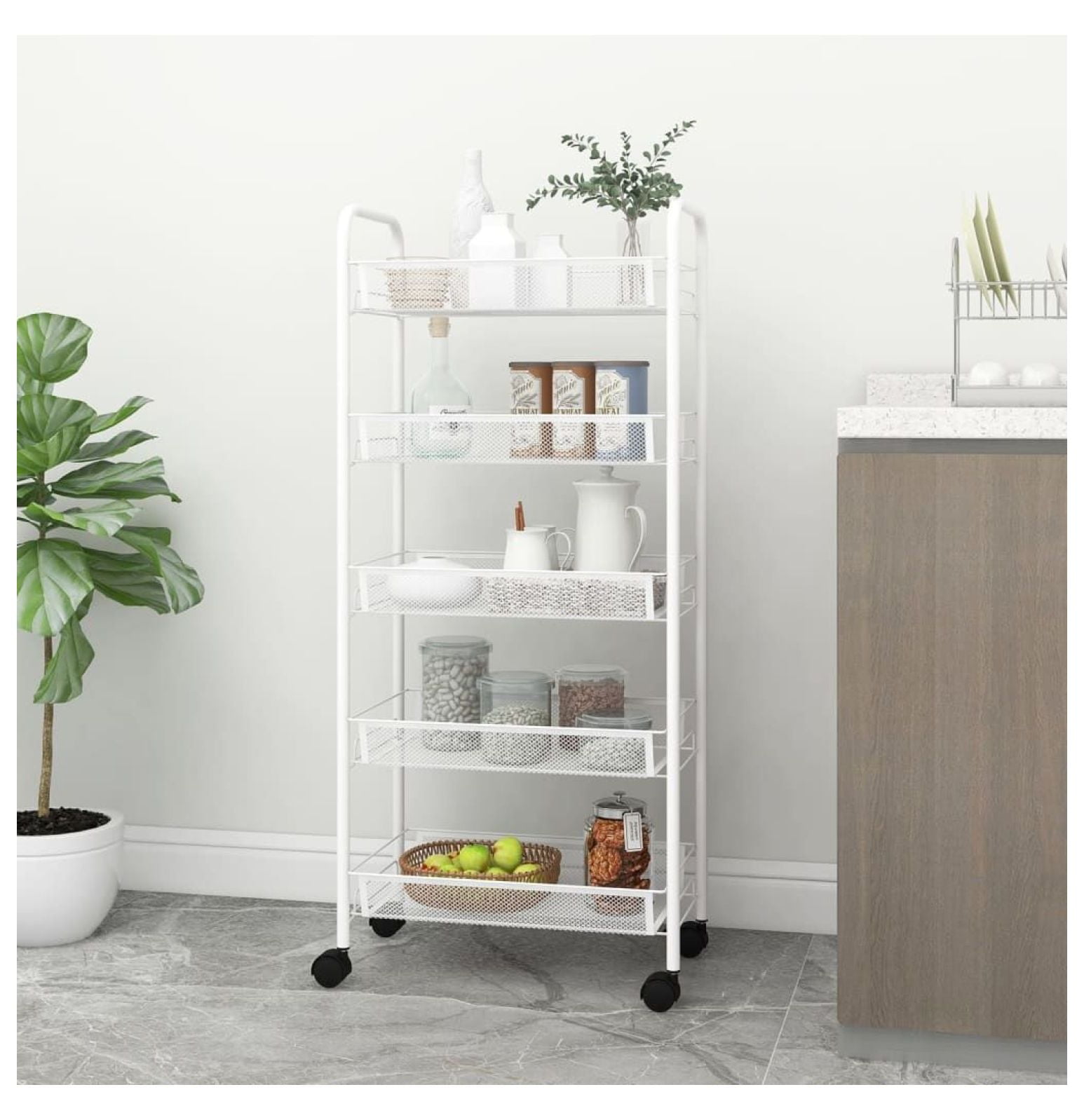 5-Tier Kitchen Trolley White 18.1x10.2x41.3in Iron Rolling Cart with ...