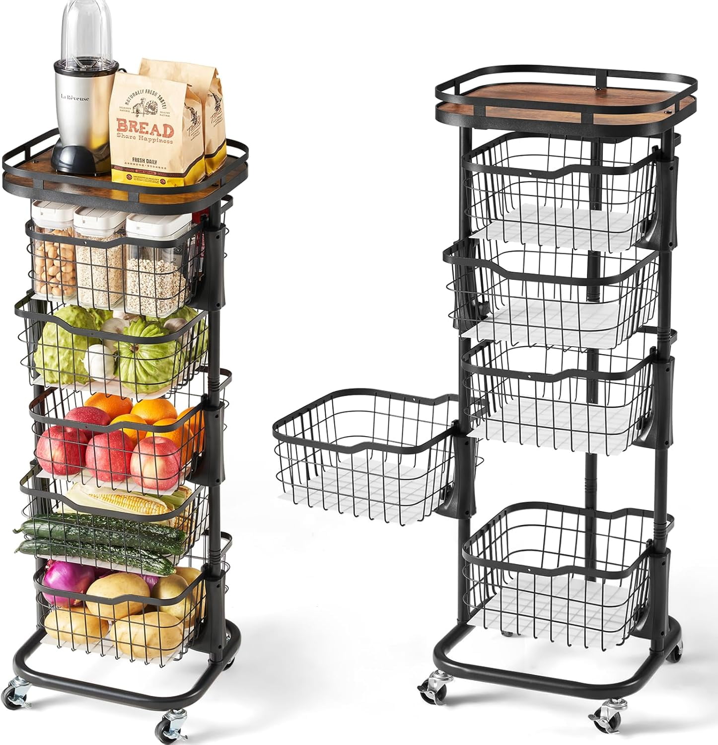 5 Tier Kitchen Vegetable Storage Cart Fruit Basket with Rotating Bowls ...