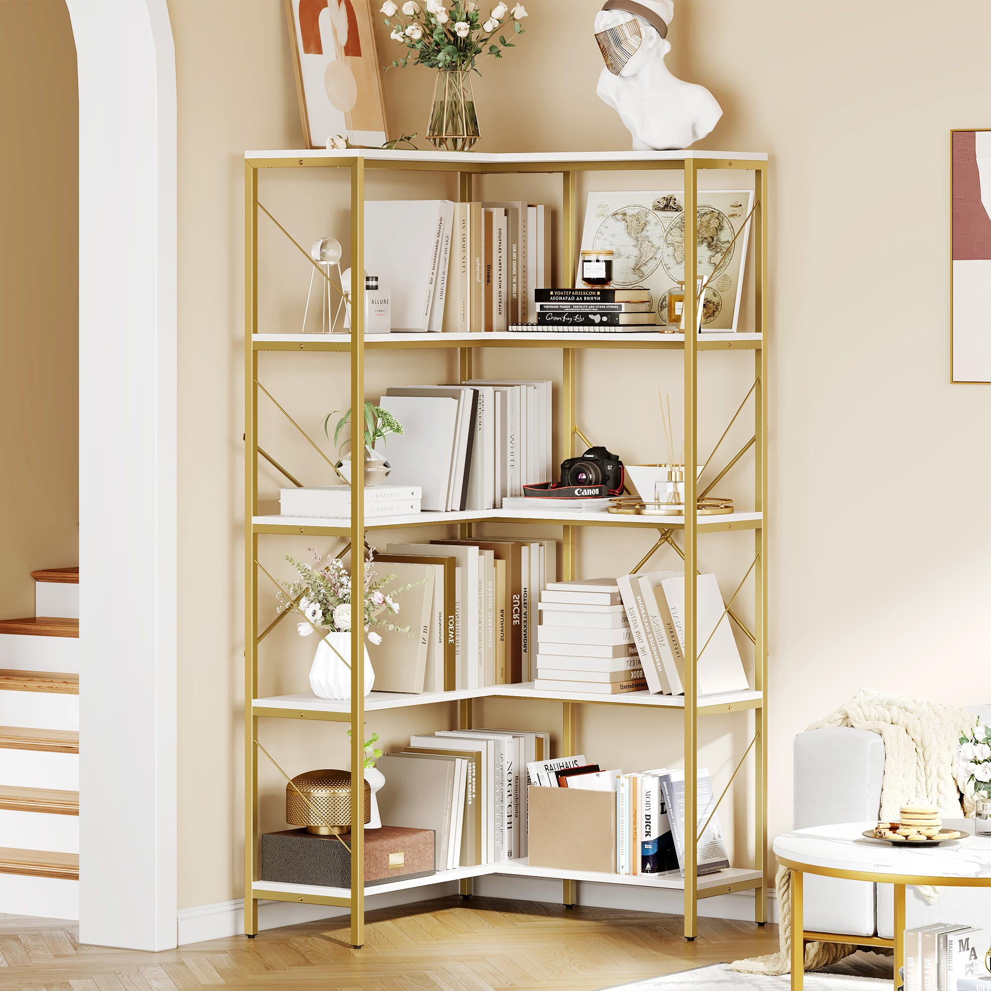5-Tier L-Shaped Bookcase Storage Organizer, Tall Corner Bookshelf Open ...