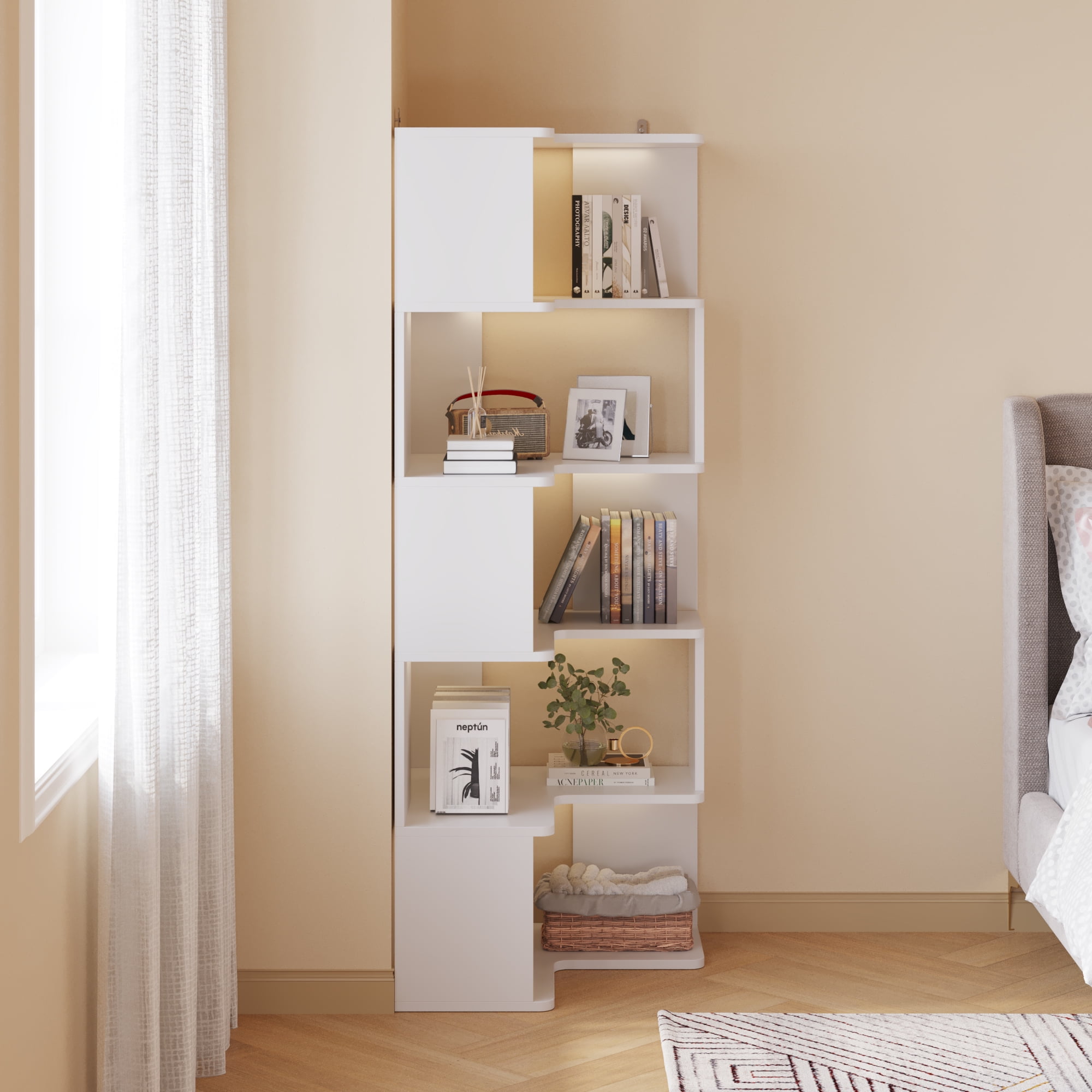 5-Tier L-Shaped Corner Shelf - 60x60x165cm White Particle Board Display ...