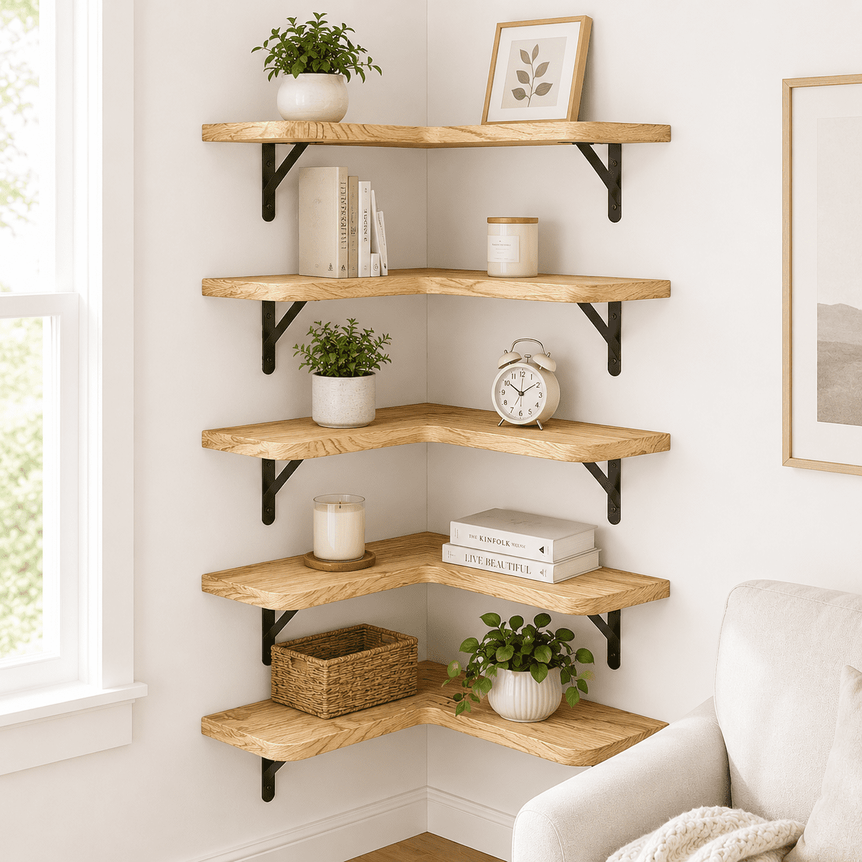 5-Tier L-Shaped Floating Corner Shelves, Wall Mounted Paulownia Wood ...