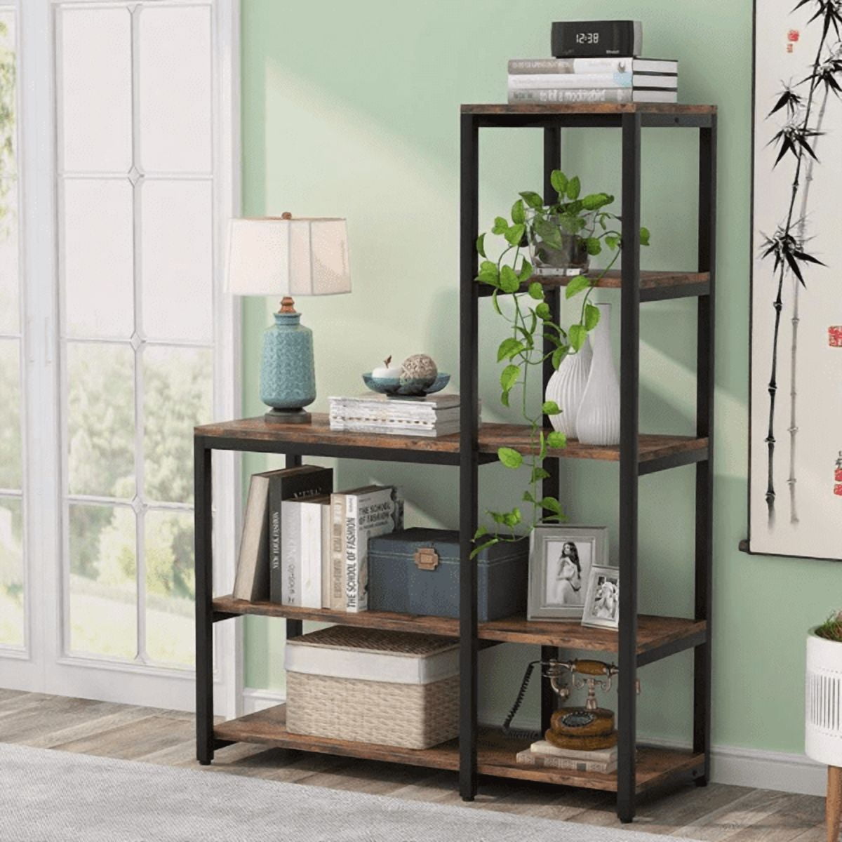 5-Tier L-Shaped Stepped Bookshelf, Metal Frame & MDF, Compact Design ...