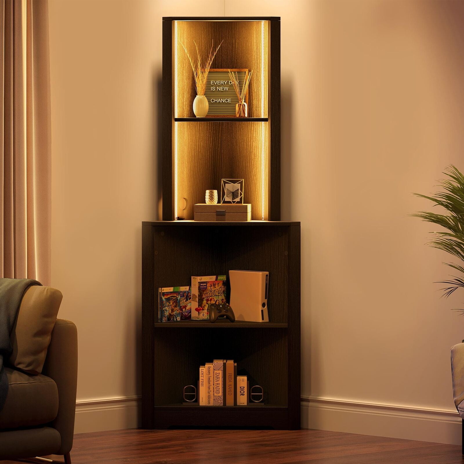 5 Tier LED Corner Shelf Modern Bookshelf Bookcase with Open Display ...
