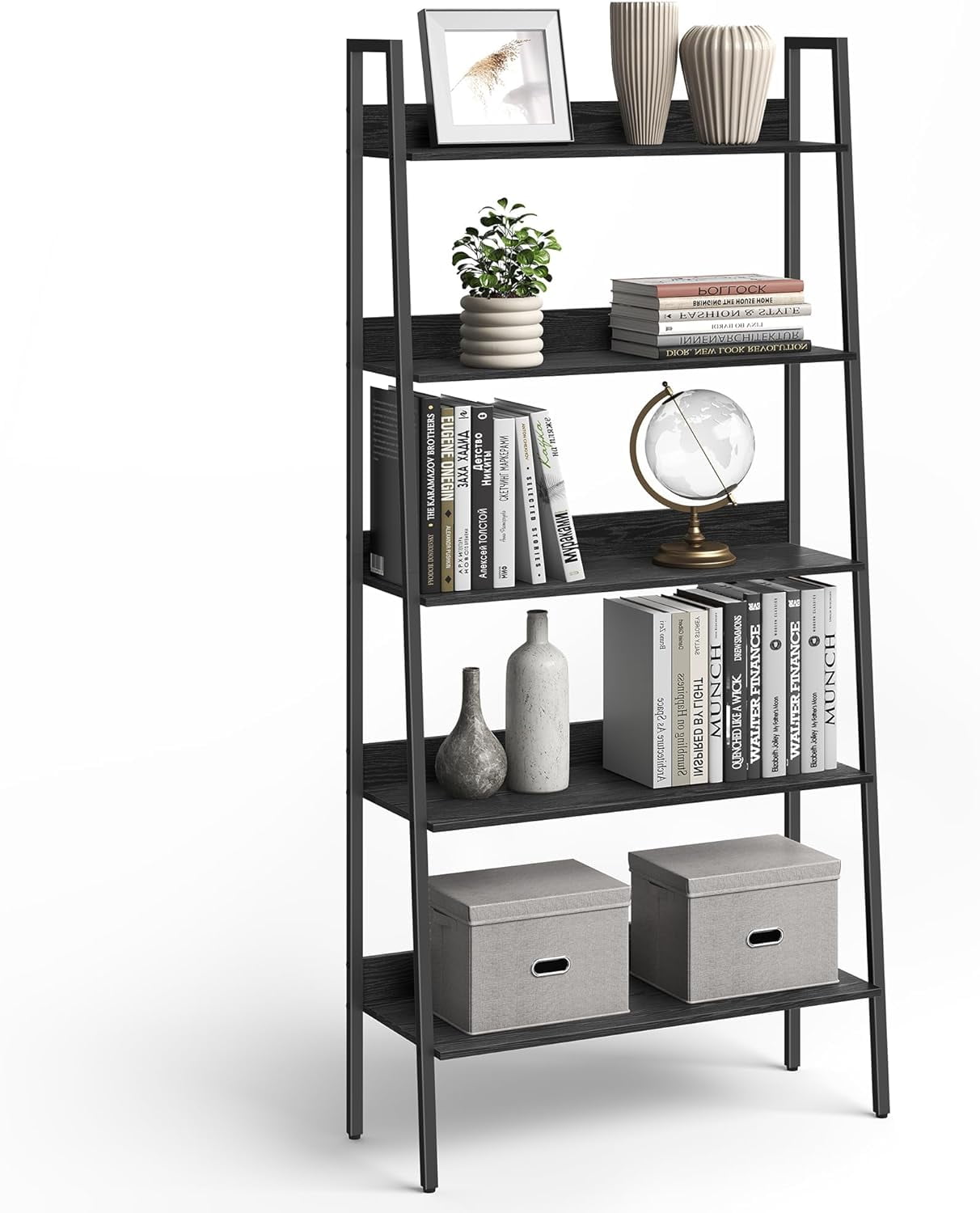 5-Tier Ladder Bookshelf: Ebony Black and Ink Black, Home Office, Living ...